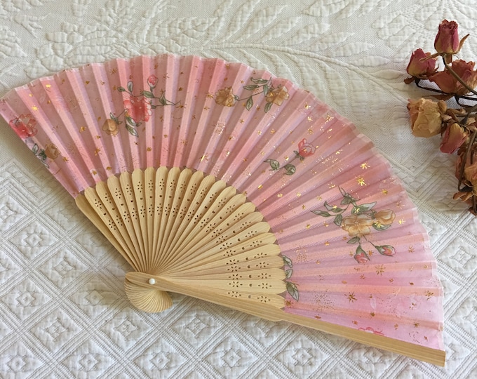 Silk and Wood Hand Fan. Openwork Design on Wood With Floral Designs and ...