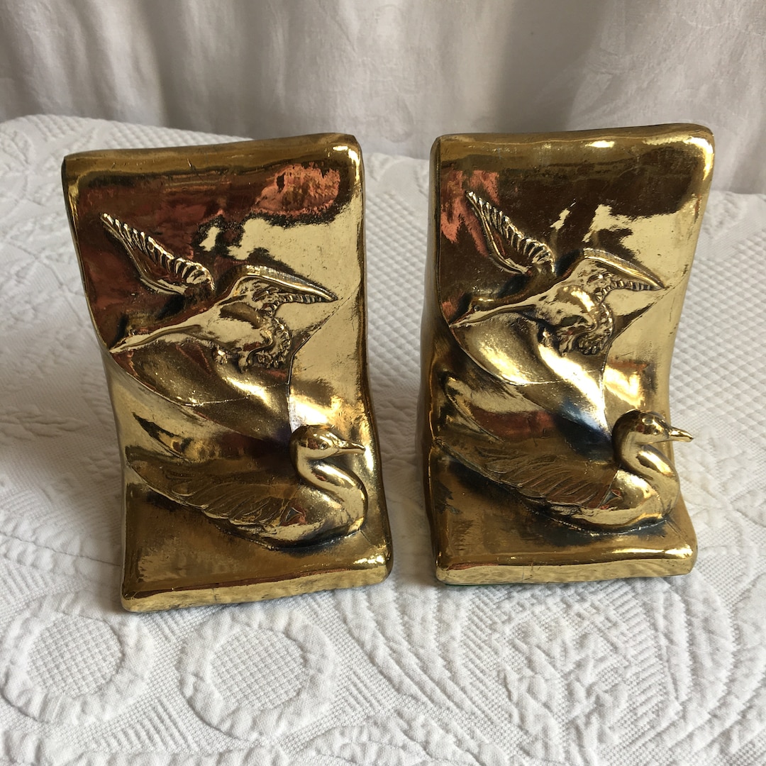 Vintage Gold Brass Ducks Bookends. One Duck Sitting and One Duck Flying ...