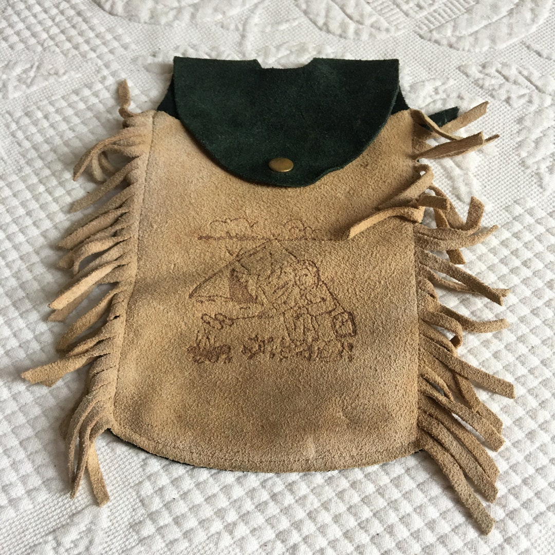 Vintage Suede Leather Pouch Camping Scene. Tent & Person Cooking ...