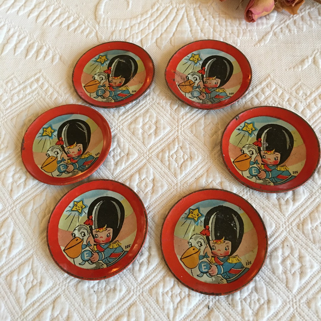 Vintage 6 Toy Metal Plates With Nursery Rhyme Scene on It in Red, Black ...