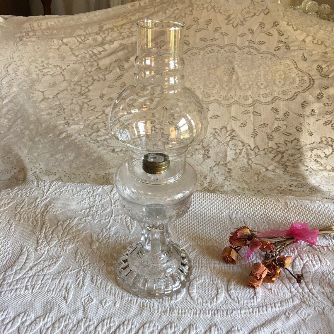 Antique Clear Glass Oil Lamp With Hurricane Shade. Decorative - Etsy