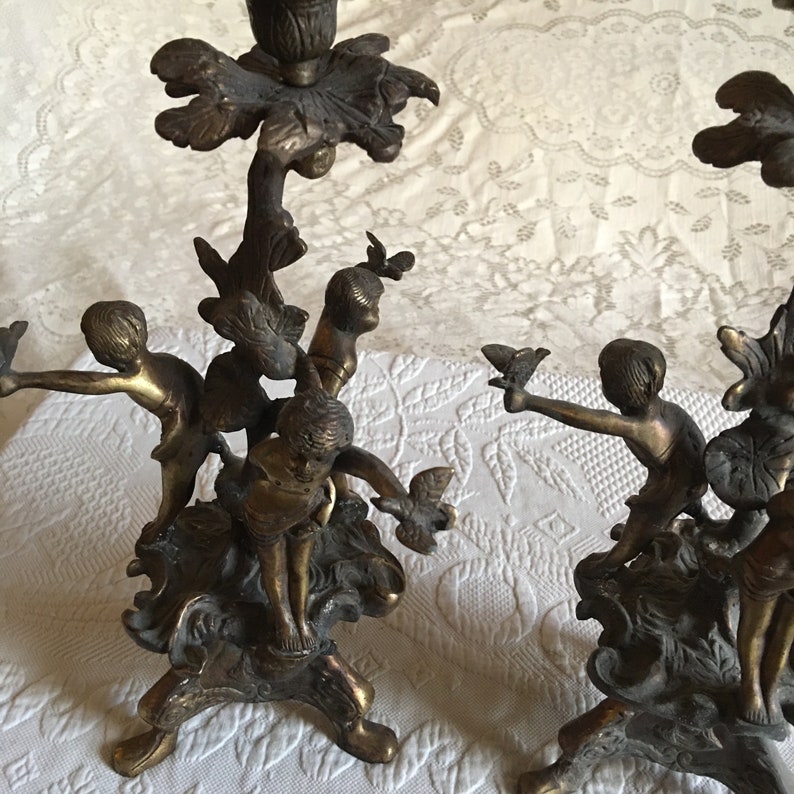 Antique Bronze Candlestick Holders With Three Boys Holding Birds ...