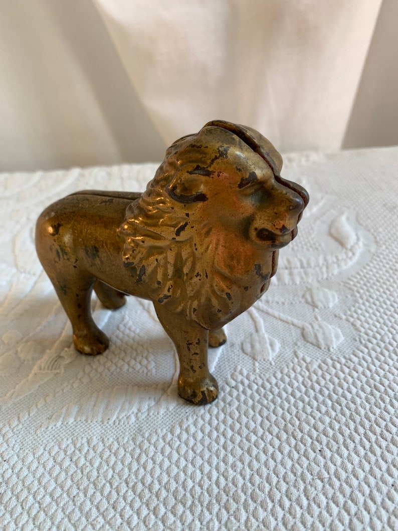 Vintage Brass Lion Bank Figurine. Gold Brass Lion With Coin Slot on ...