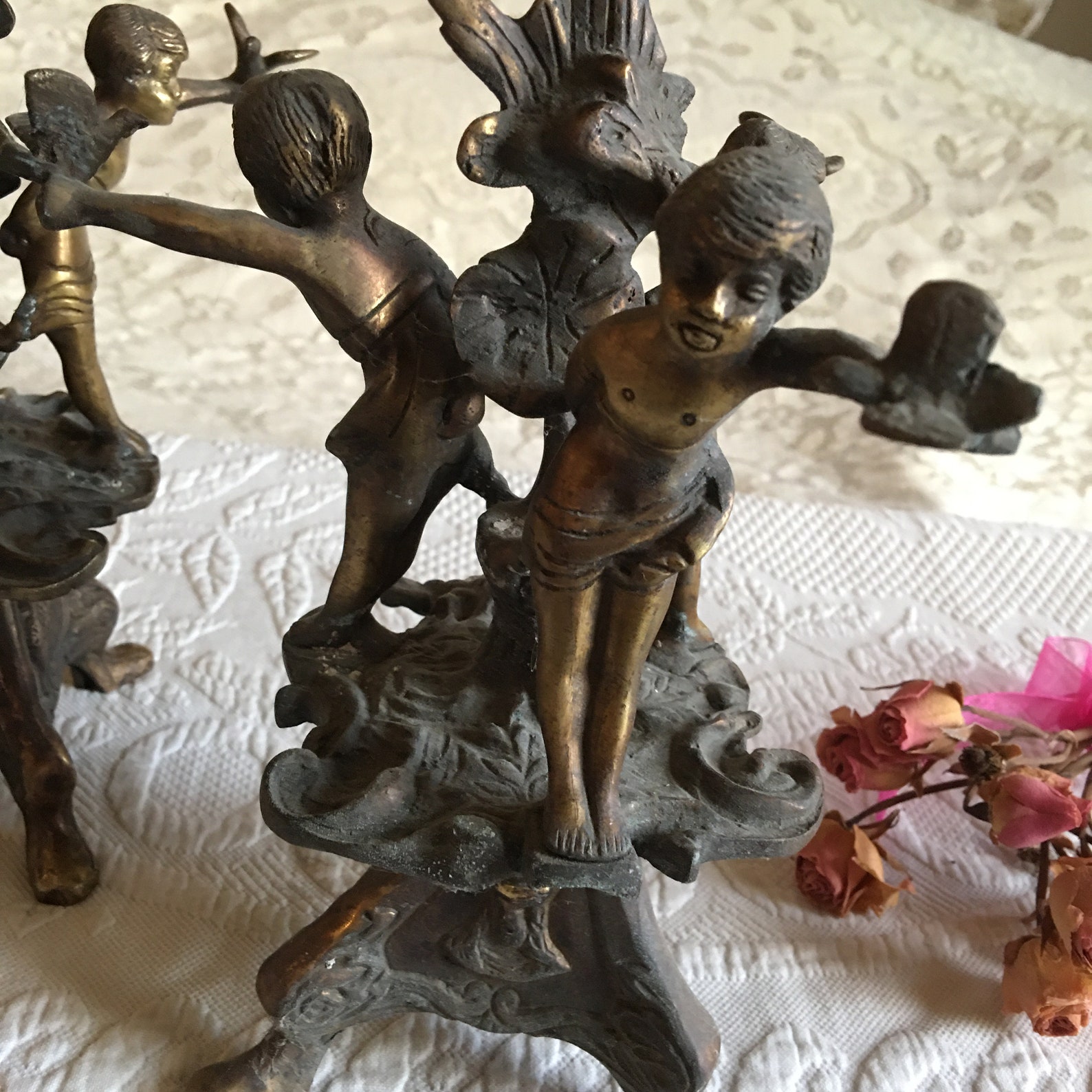 Antique Bronze Candlestick Holders With Three Boys Holding - Etsy