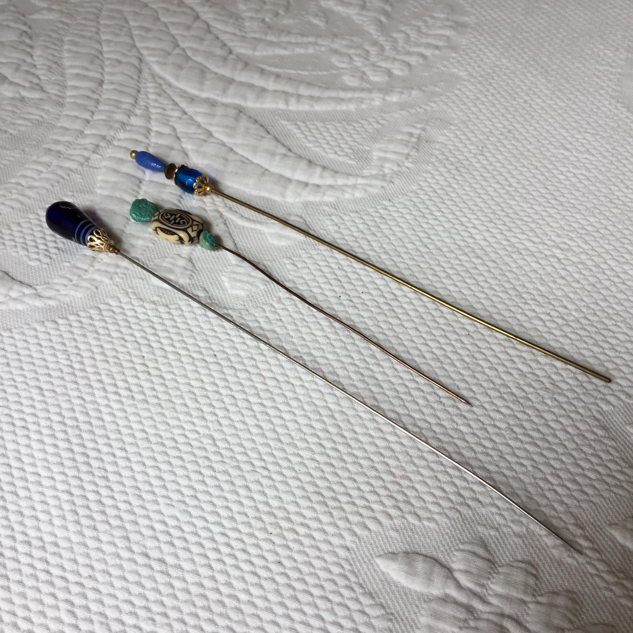 Vintage Long Hat Pin. Choose Blue Blown Glass, or Blue Beads, or Real ...
