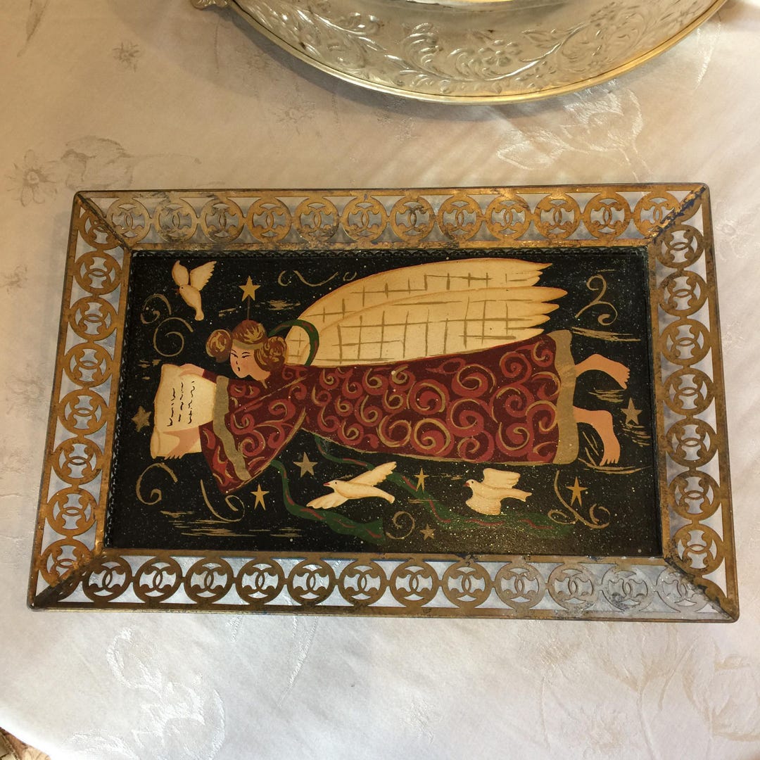 Vintage Folk Art Angel Tray With Doves and Stars. Great for Use or ...