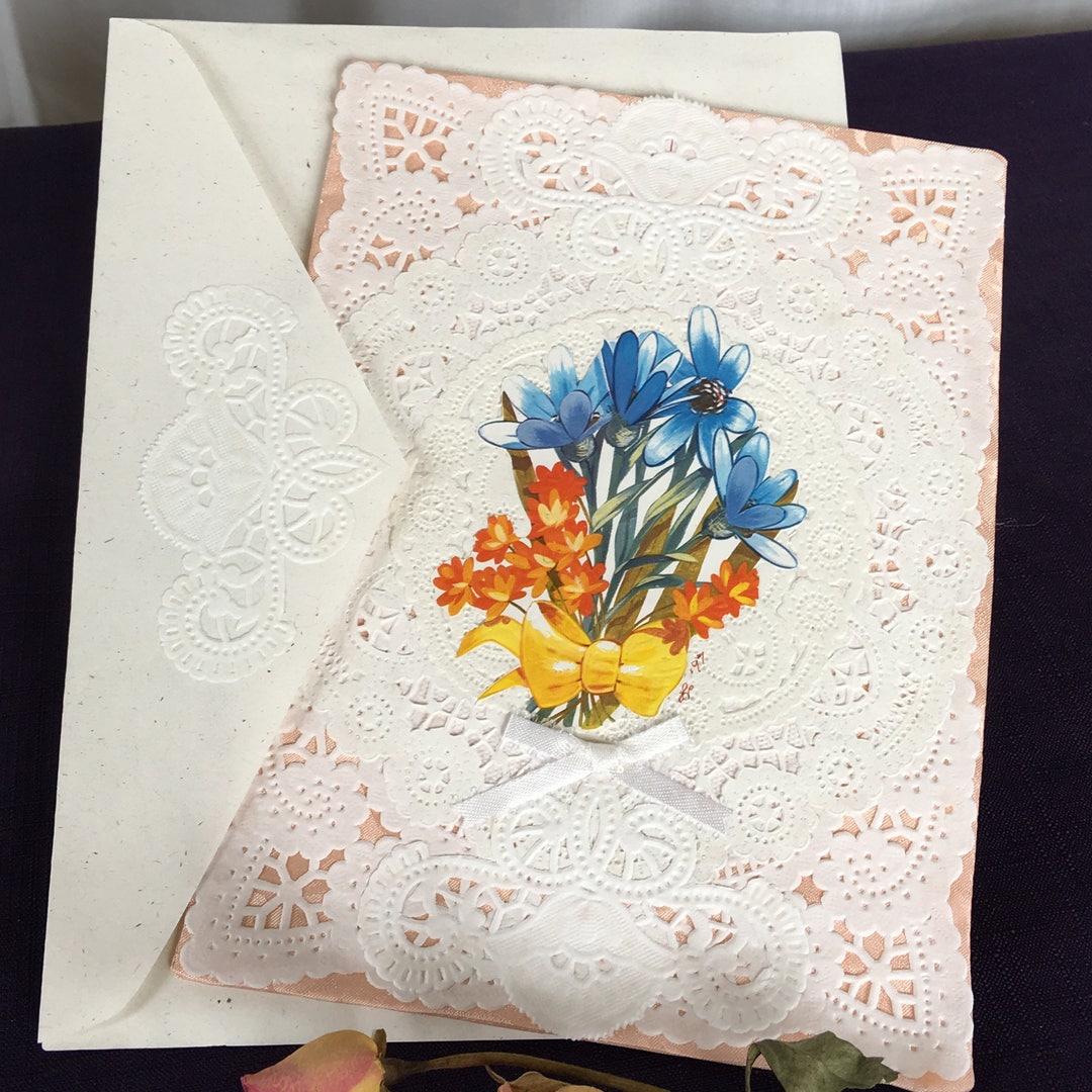 Choose 1 Handmade Victorian Greeting Card. 1997 Peach Brocade Fabric ...