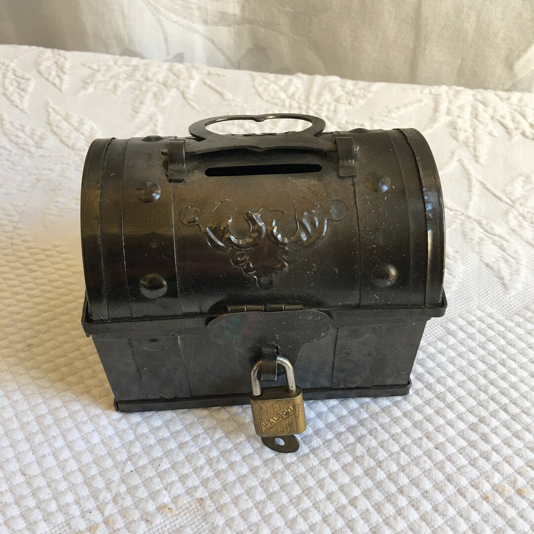 Vintage Black Metal Trunk Bank With Heart Handle at the Top and Front ...