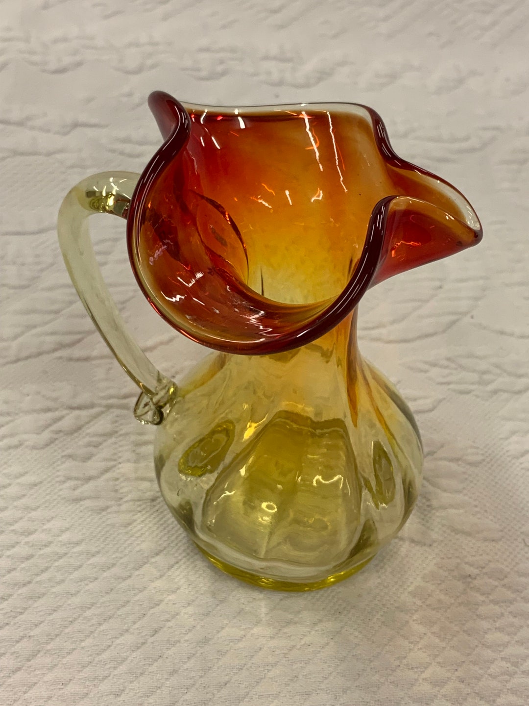 Vintage Art Hand Blown Glass Pitcher With Handle and Pinched Spout ...