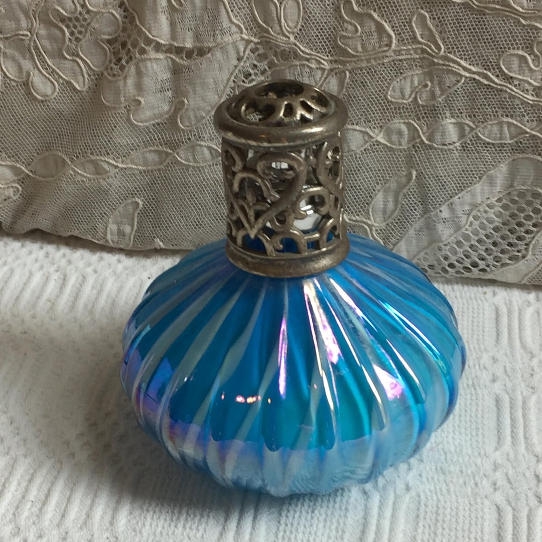 Vintage Blue Oil Lamp. Hand Blown Glass Fluted Iridescent Catalytic ...