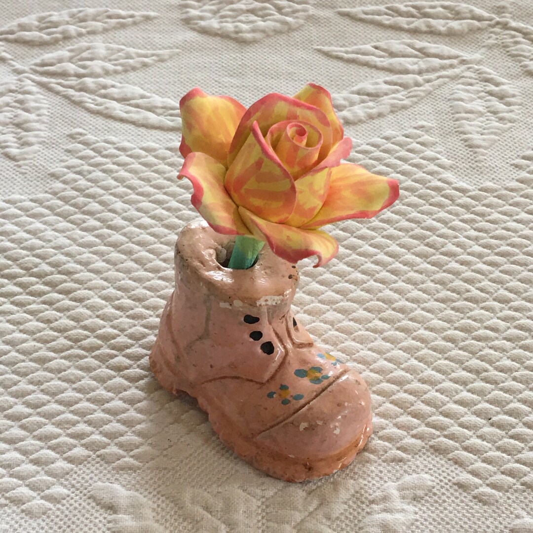 Vintage Plaster Baby Shoe Figurine. With Porcelain Hand Painted Flower ...