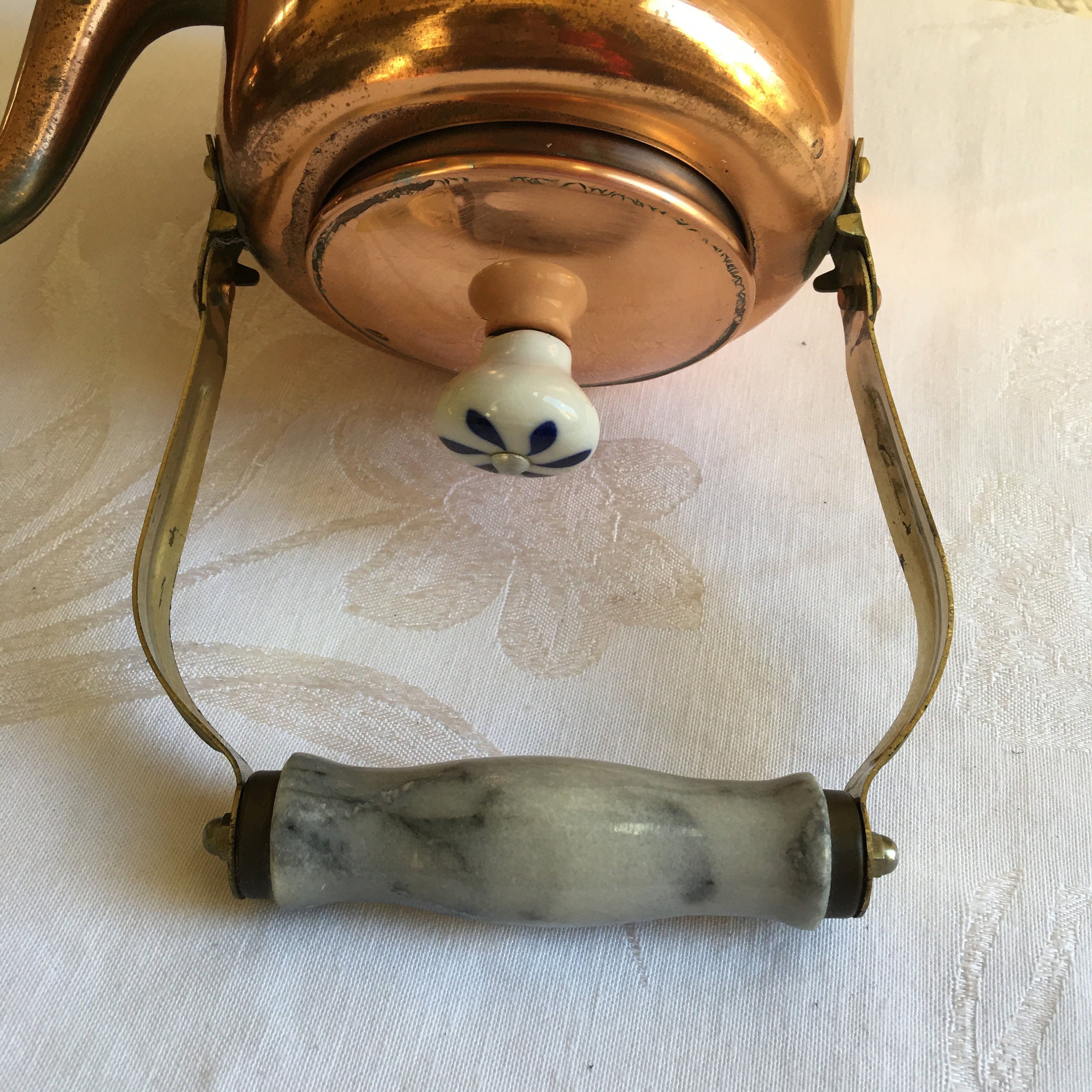 Vintage Copper Teapot Marble and Brass Handle, Ceramic Blue and White ...