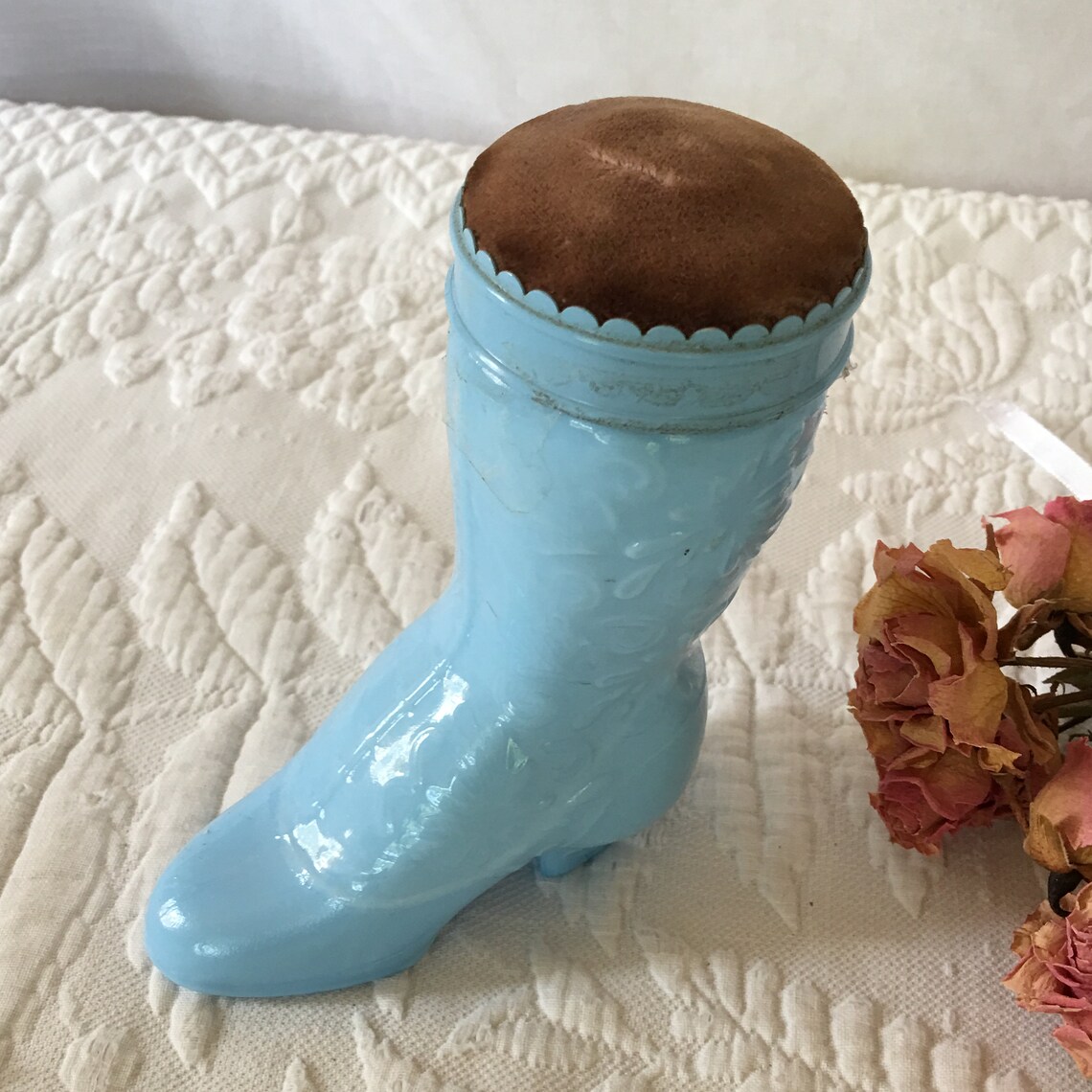 Vintage Avon Boot Pin Cushion. Blue Glass Bottle Pin Cushion - Etsy