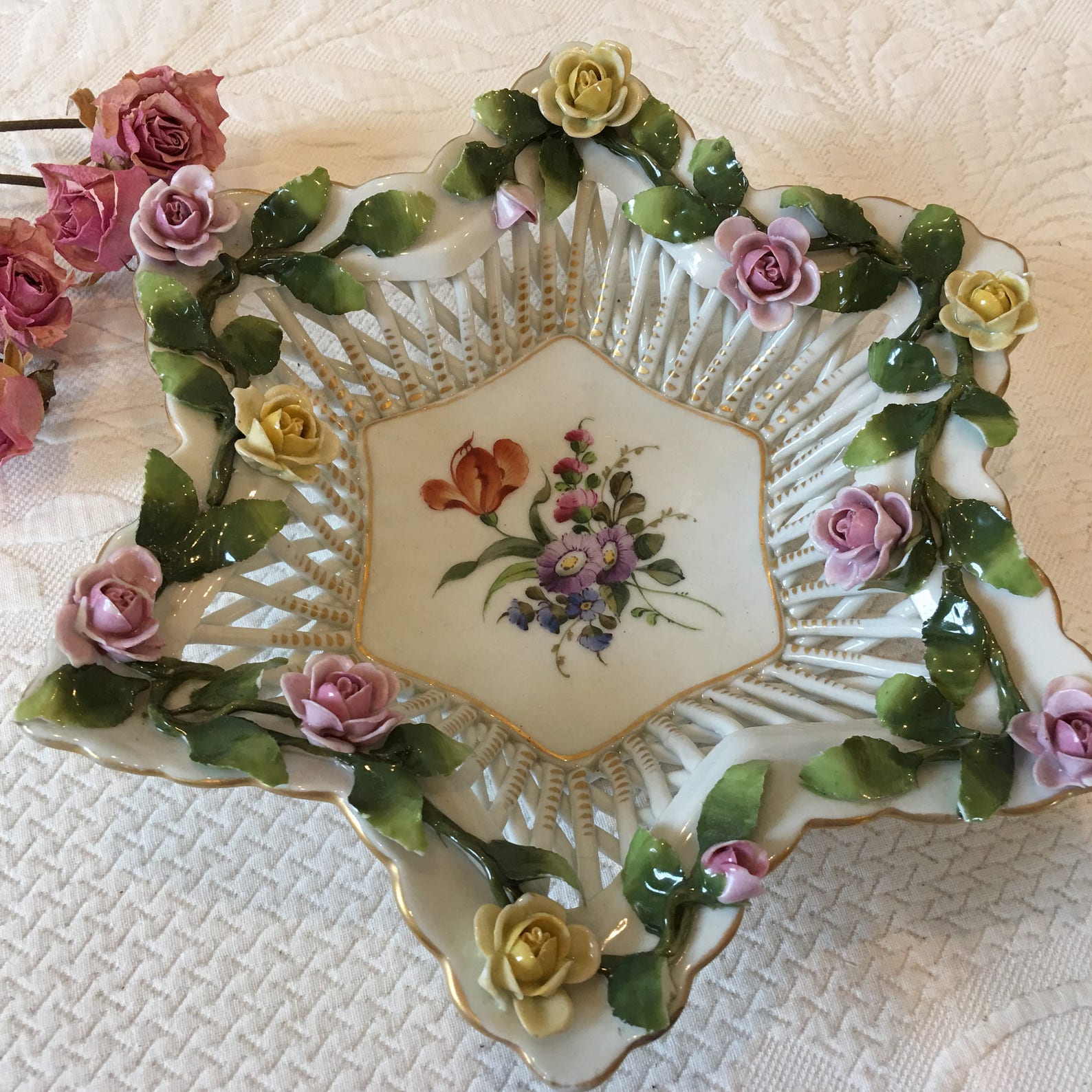 Vintage Porcelain Open Work Serving Dish. Dish With Dimensional Leaves ...