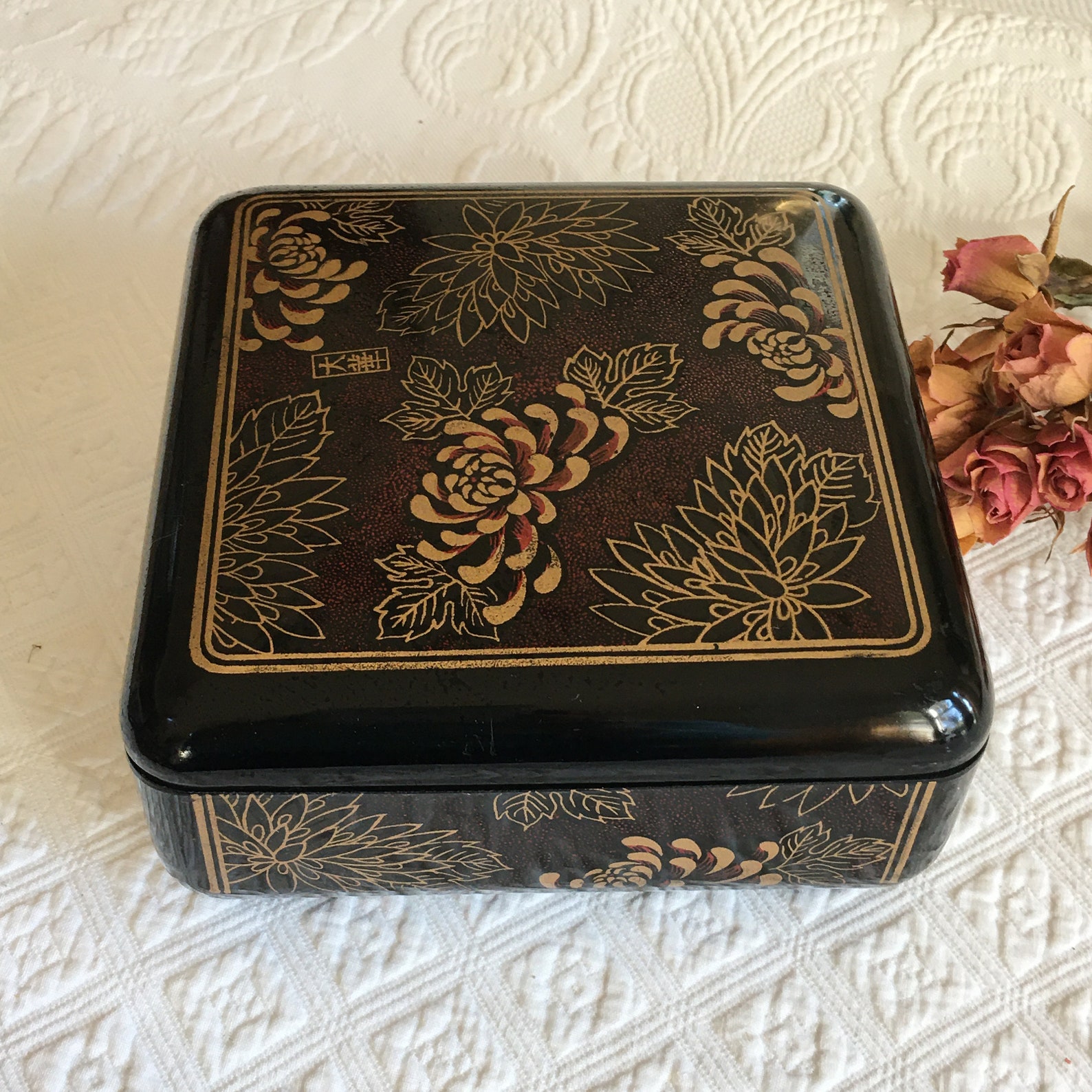 Vintage Square Shiny Black Plastic Box With Gold and Red Painted Floral ...