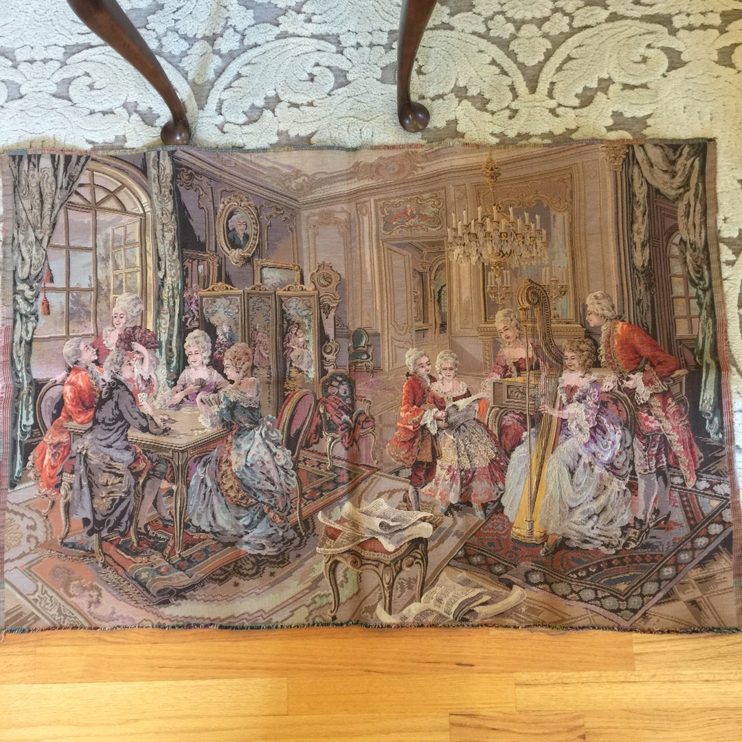 Vintage French Colonial Musical Tapestry. Harpsicord, Harp, Reading and ...