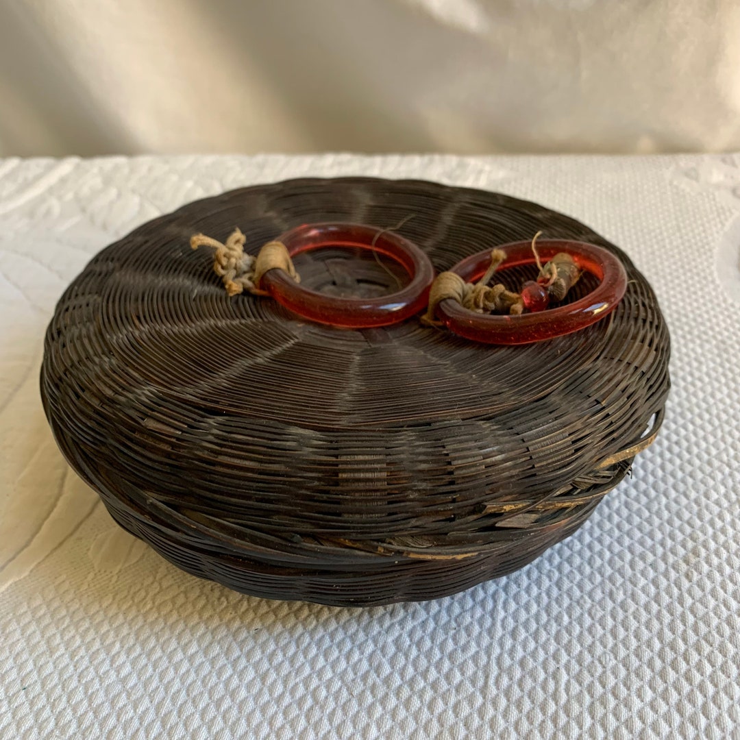 Vintage Round Chinese Sewing Basket. Empty Basket With Plastic Rings ...