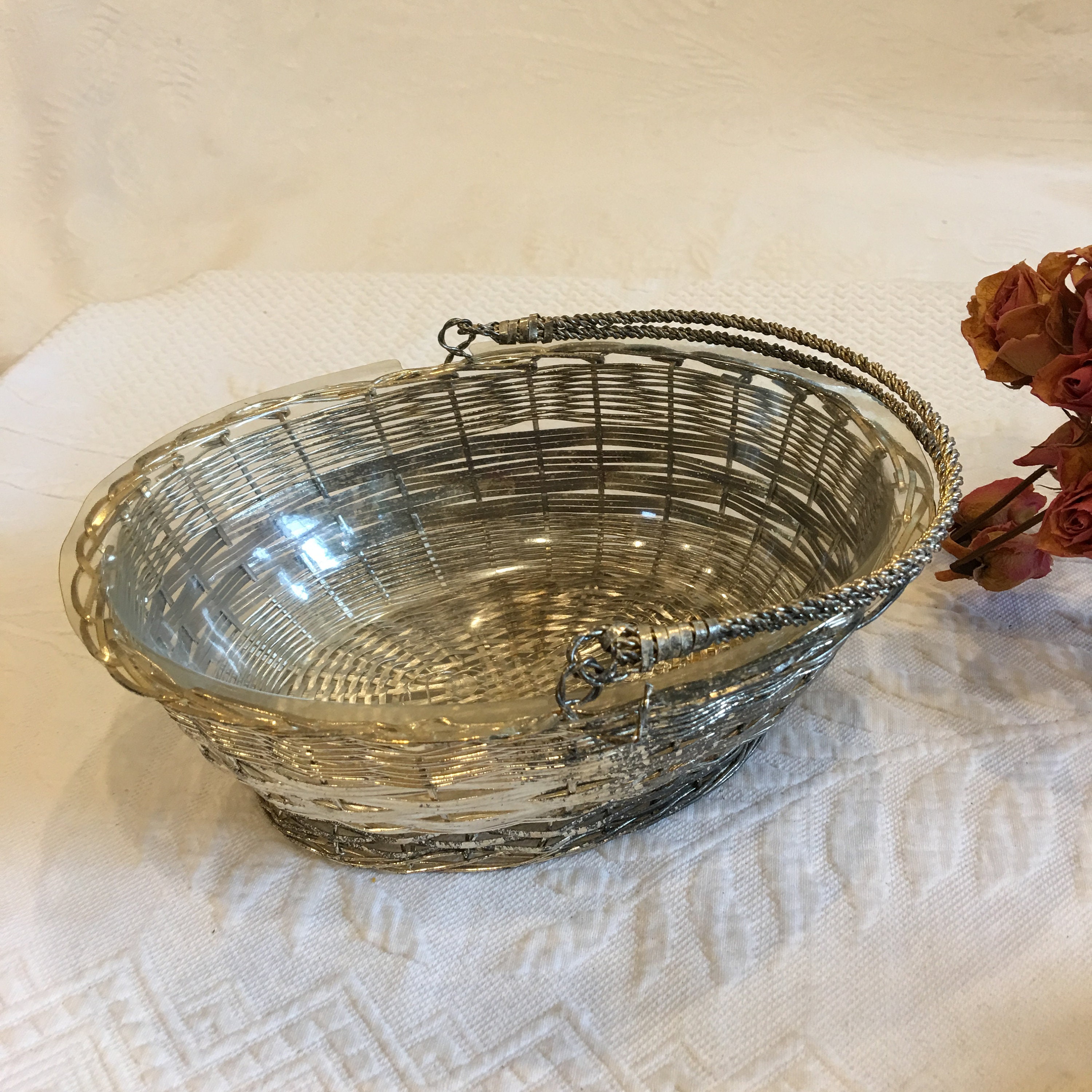 Vintage Silver Metal Woven Basket Container. Use to Hold Candy or Other ...