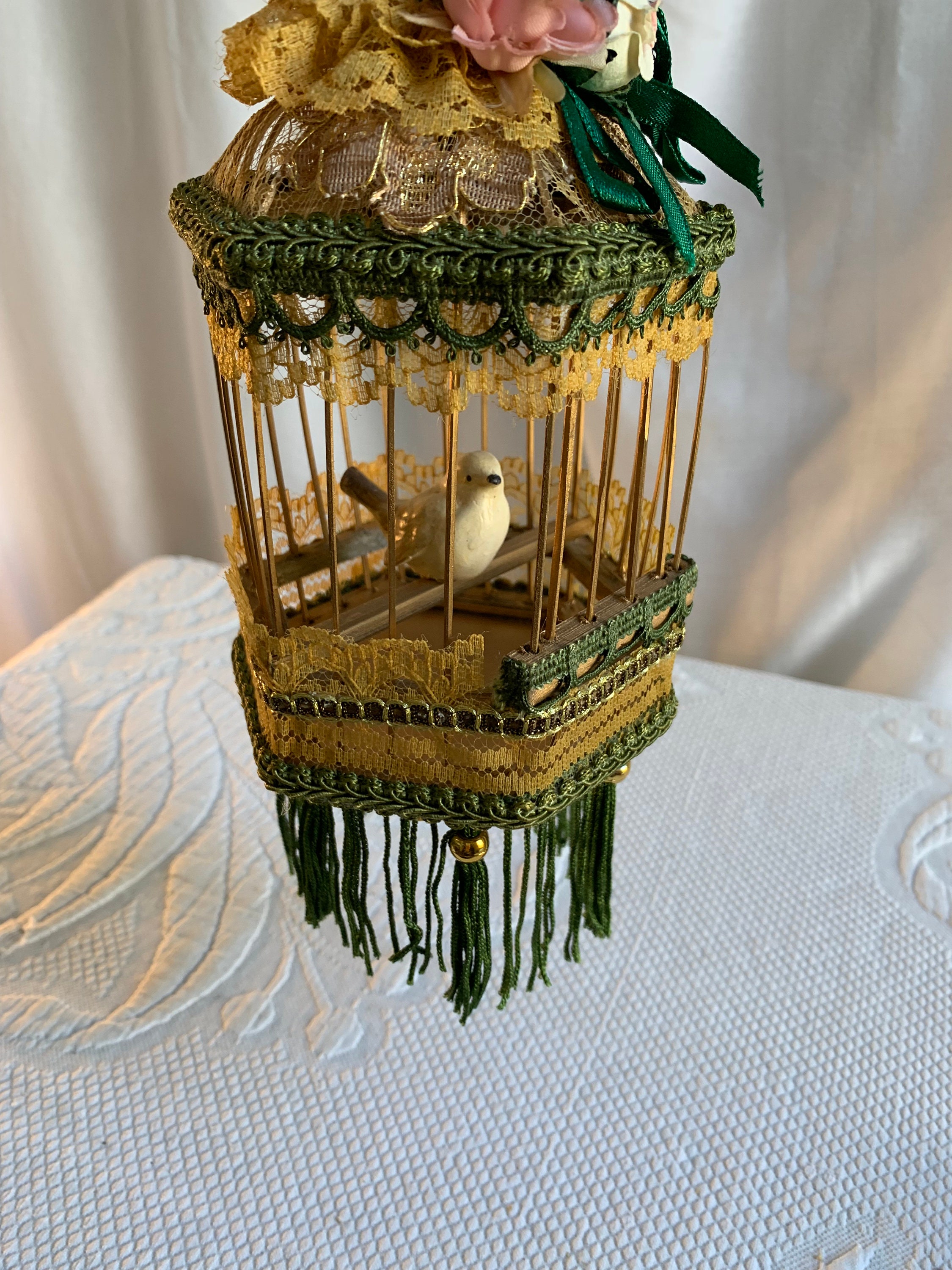 Vintage Bird in Cage With Lace, Trim and Tassels. Ribbon to Hang and ...