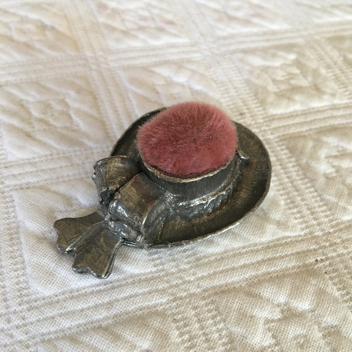 Antique Pin Cushion. Mini Vict. Hat Cushion. Antique Silver Pewter Lady ...