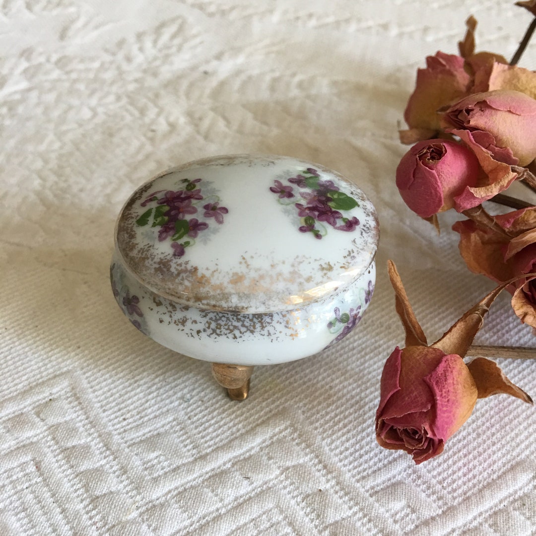 Vintage Porcelain Trinket Box. Violet Painted Legged Oval Shaped ...