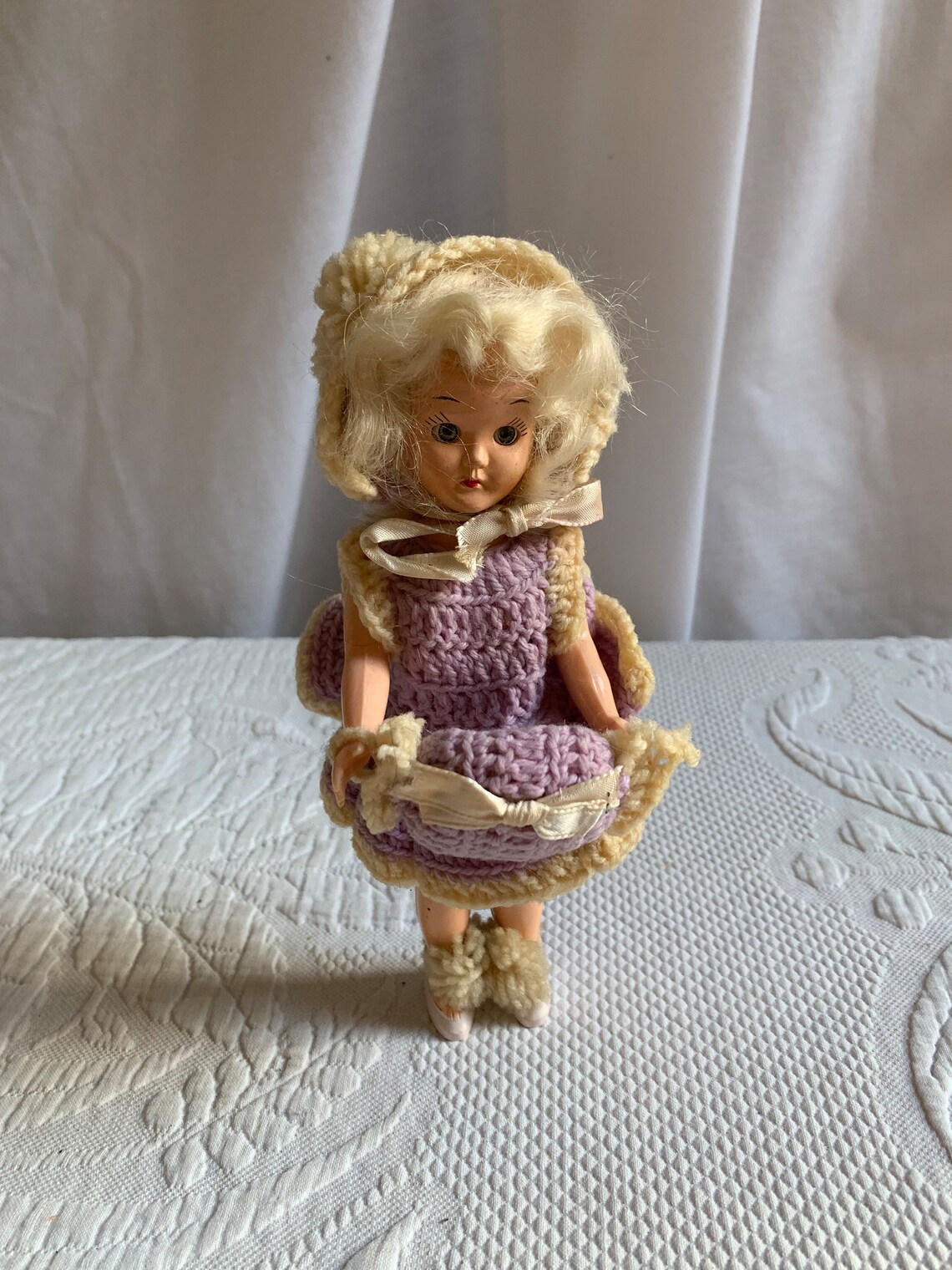 Vintage 1950s Doll With Crocheted Dress, Muff, Hat and Shorts. Self ...