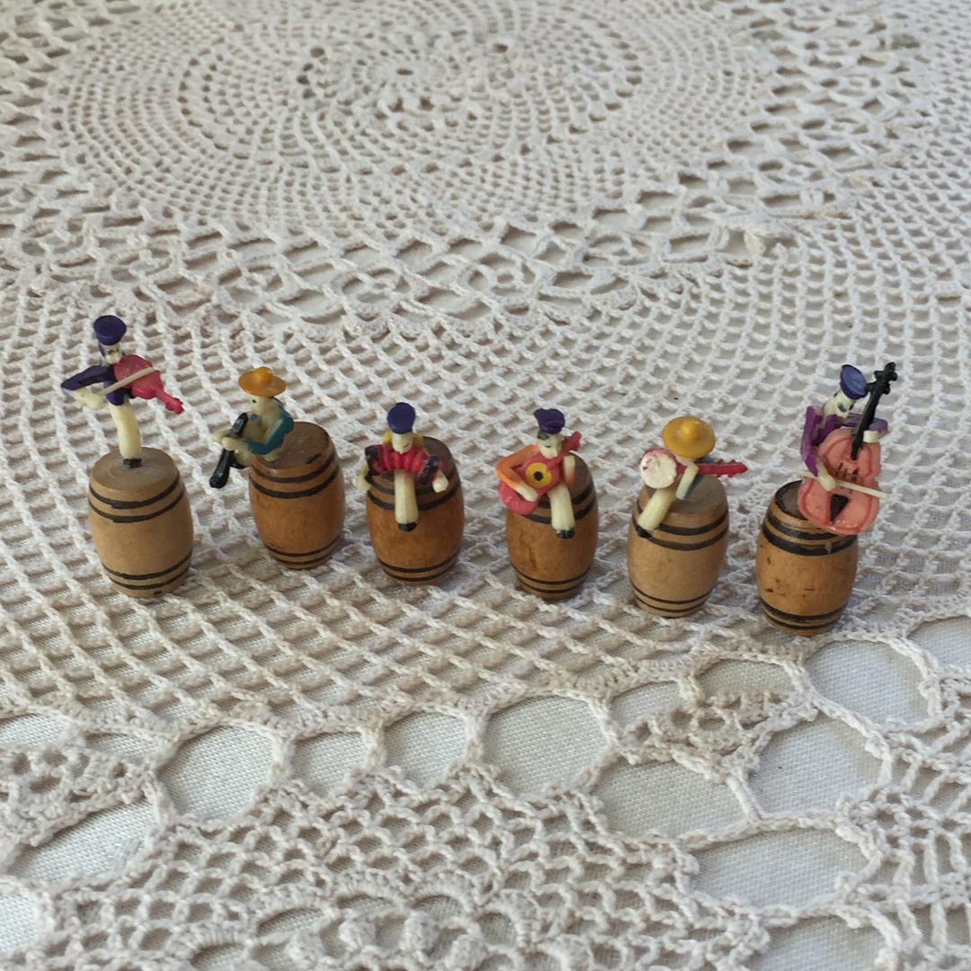 Vintage 1940s Tiny Mini Musicians Sitting on Wooden Barrels. Made in ...