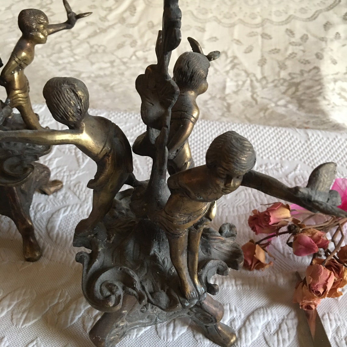 Antique Bronze Candlestick Holders With Three Boys Holding - Etsy