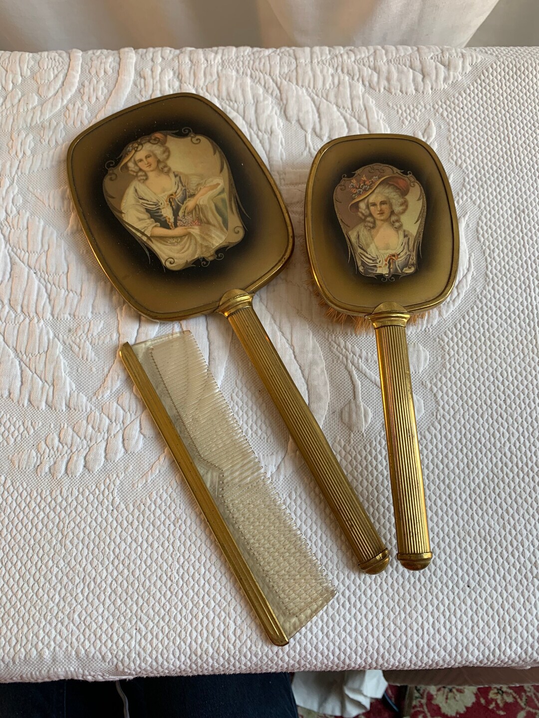 Vintage Brass Art Neveau Dresser Set Hand Mirror, Brush and Comb ...