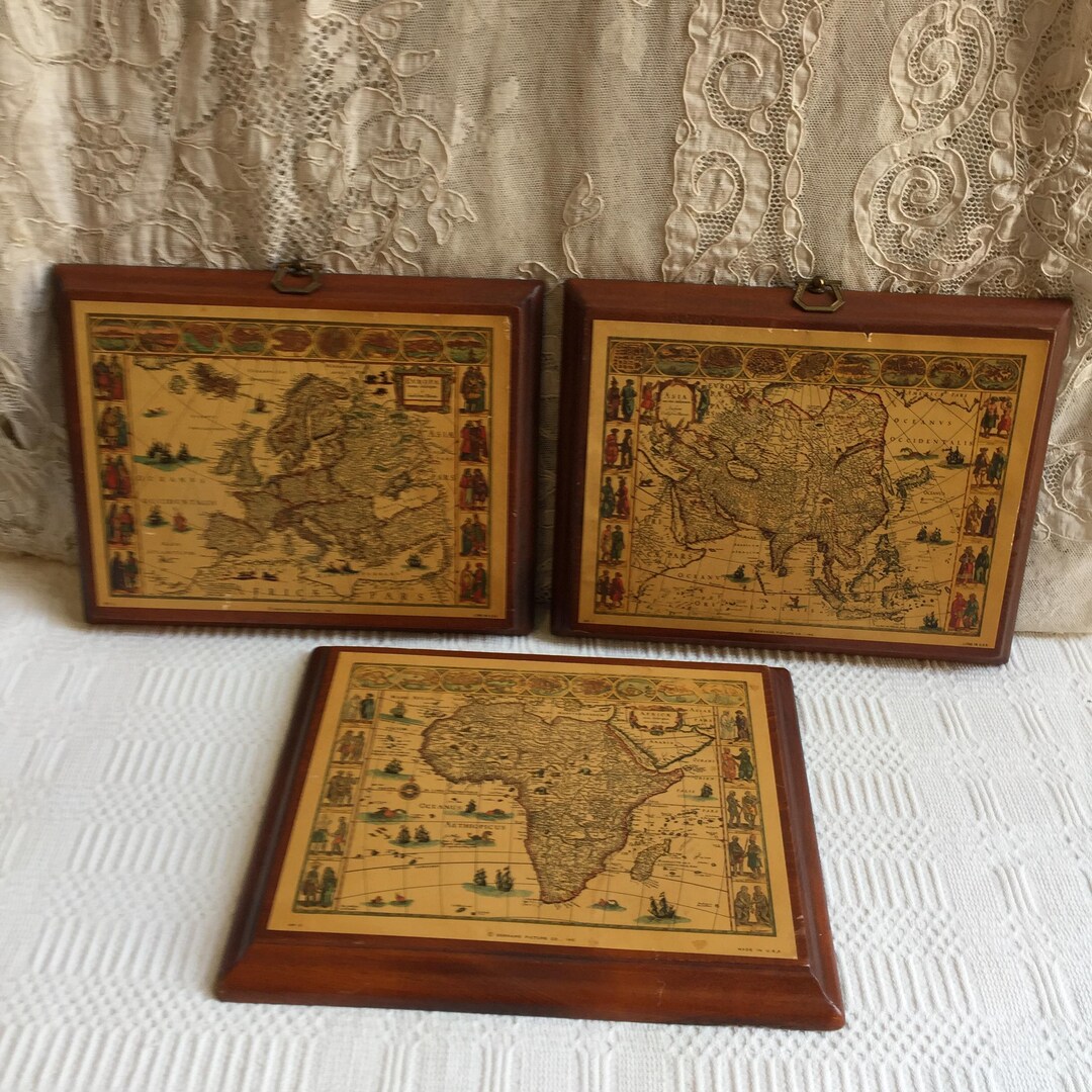 Vintage Three Wood Wall Plaques of Old World Map Pictures Decoupaged on ...