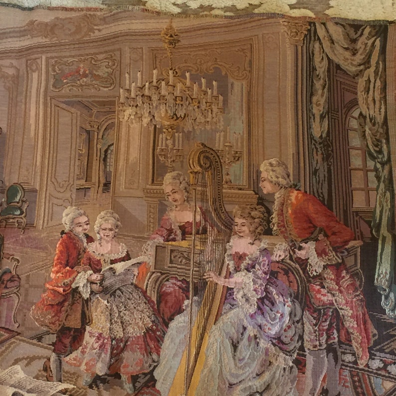 Vintage French Tapestry Colonial Musical Theme. Harpsicord, Harp ...