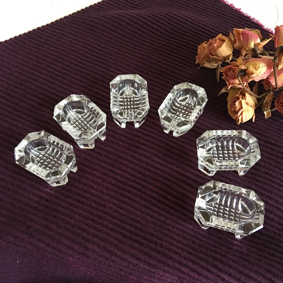 Vintage 6 Glass Salt Cellars. Geometric Bottom Designs on Oval Eight ...