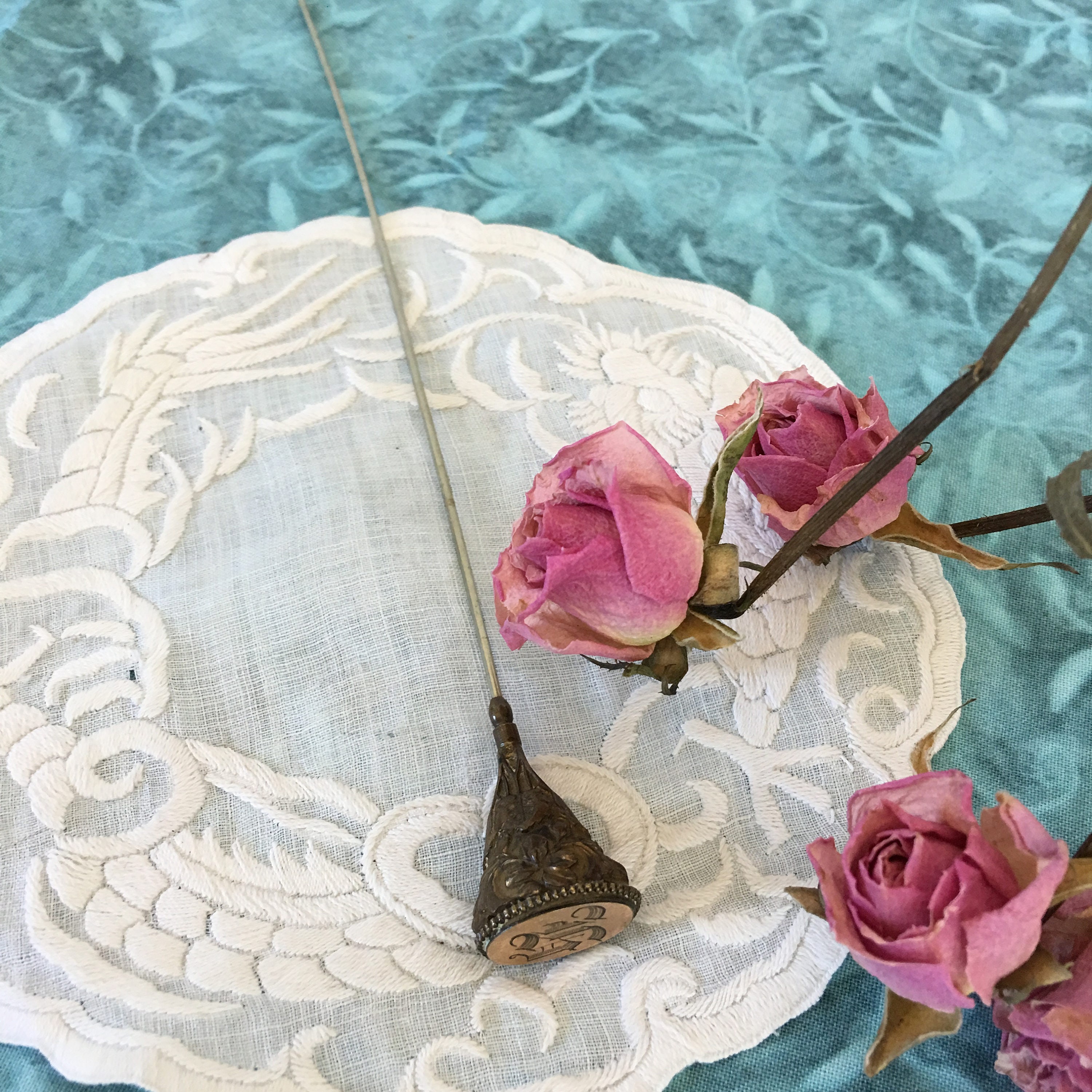 Original Victorian Hat Pin With Monogram. Molded Flowers and Leaves ...