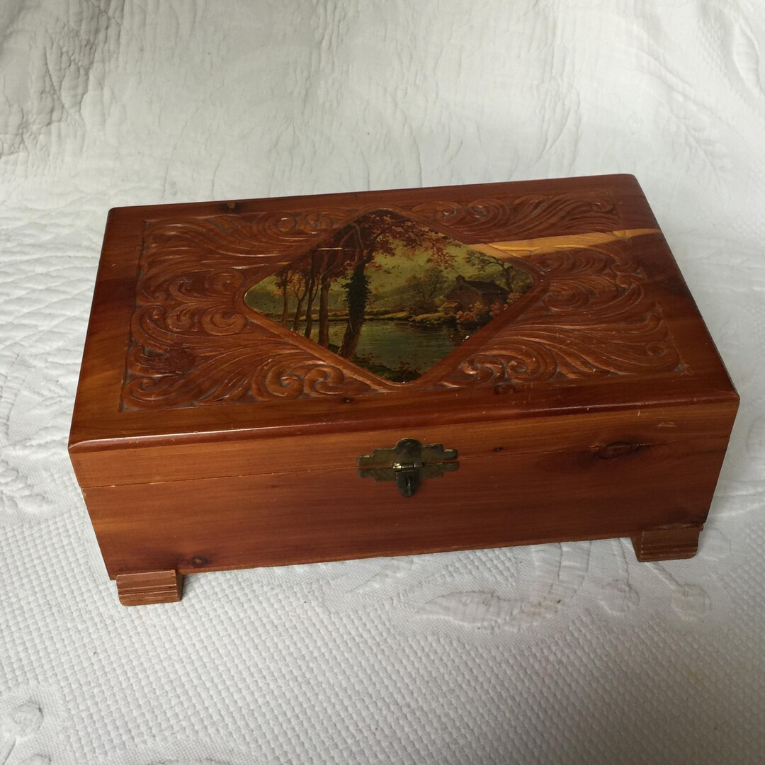 Vintage Cedar Chest With Picture or House or Mill on Top and Swirling ...