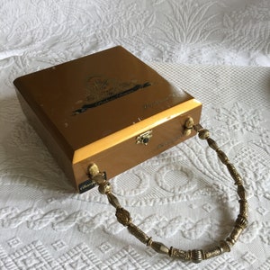 Vintage Cigar Box Purse. Hinges, Latch, Gold Beaded Handle, Tiger Print ...