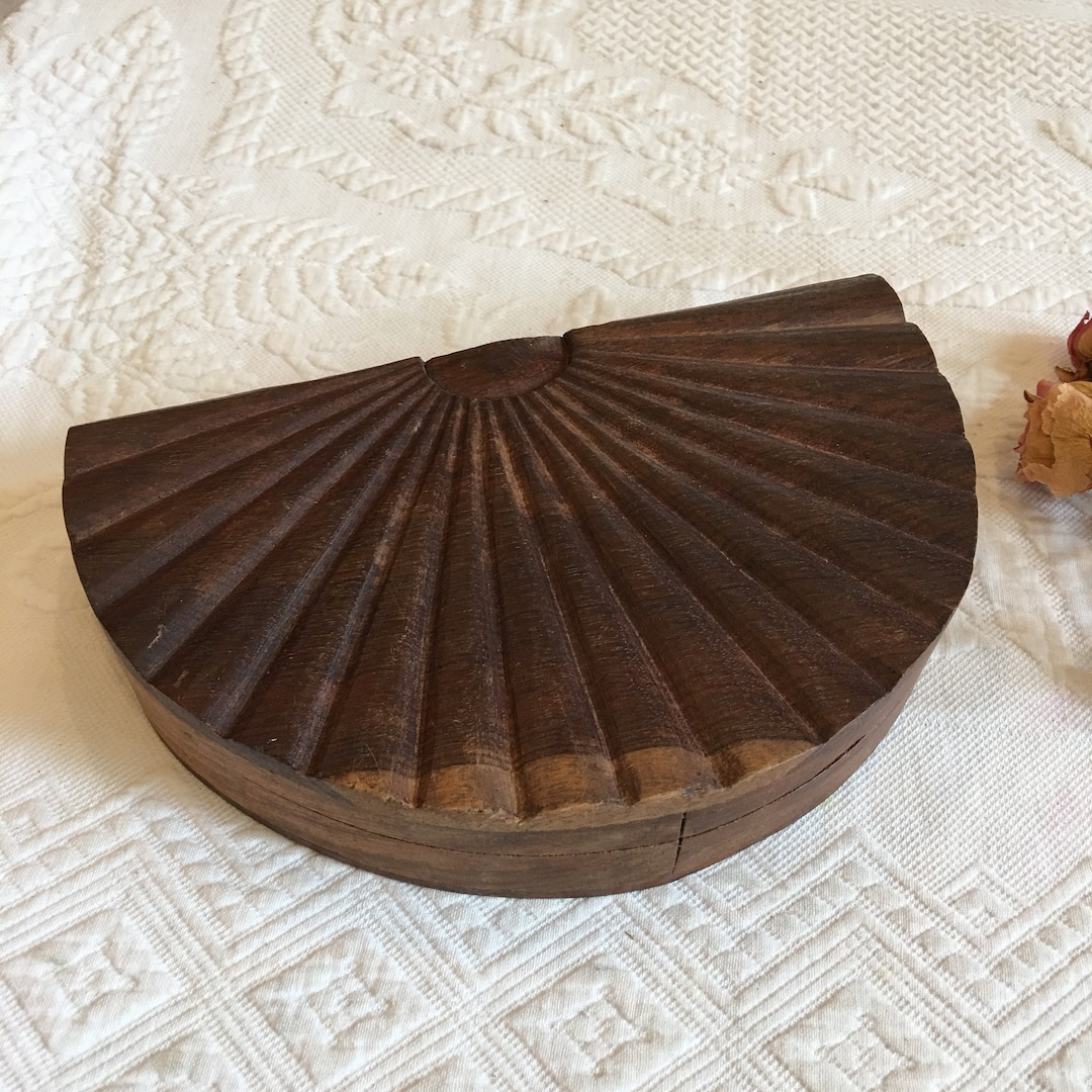 Vintage Fan Shaped Wood Box. Hardwood Wooden Box With Ridged Designs ...