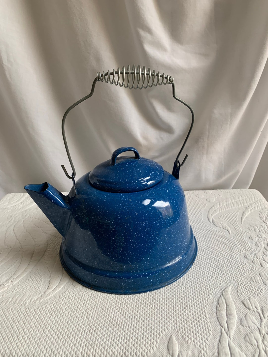 Vintage Blue and White Spatterware Tea Kittle. Great for Use on a Camp ...