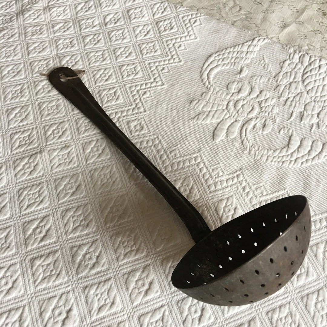 Antique Iron Straining Ladle. Straight Handle With Hole to Hang. Dark ...