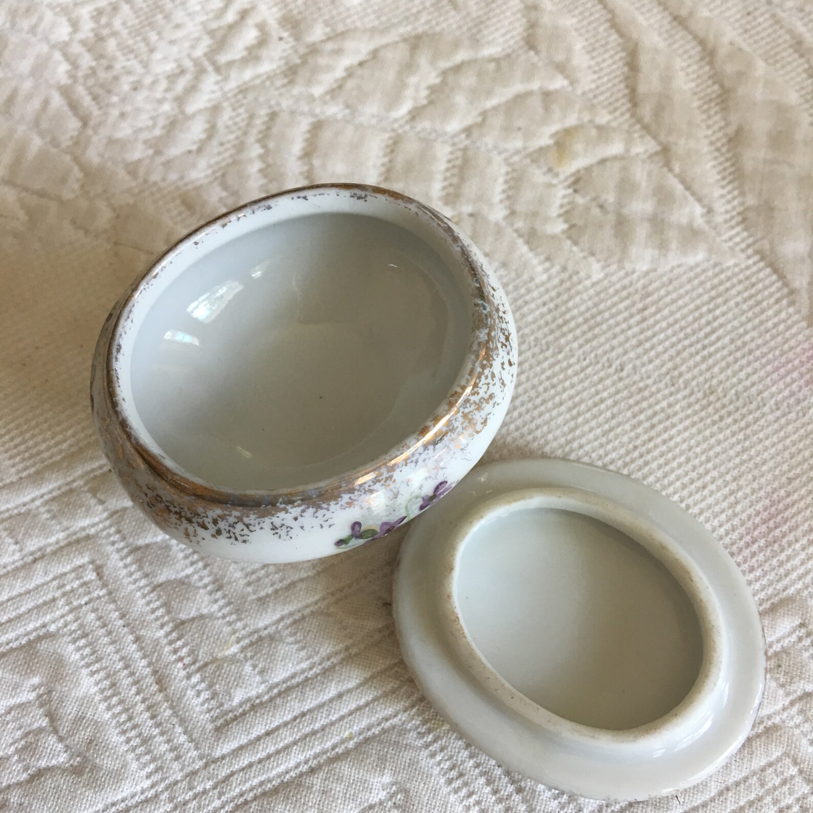 Vintage Porcelain Trinket Box. Violet Painted Legged Oval Shaped ...