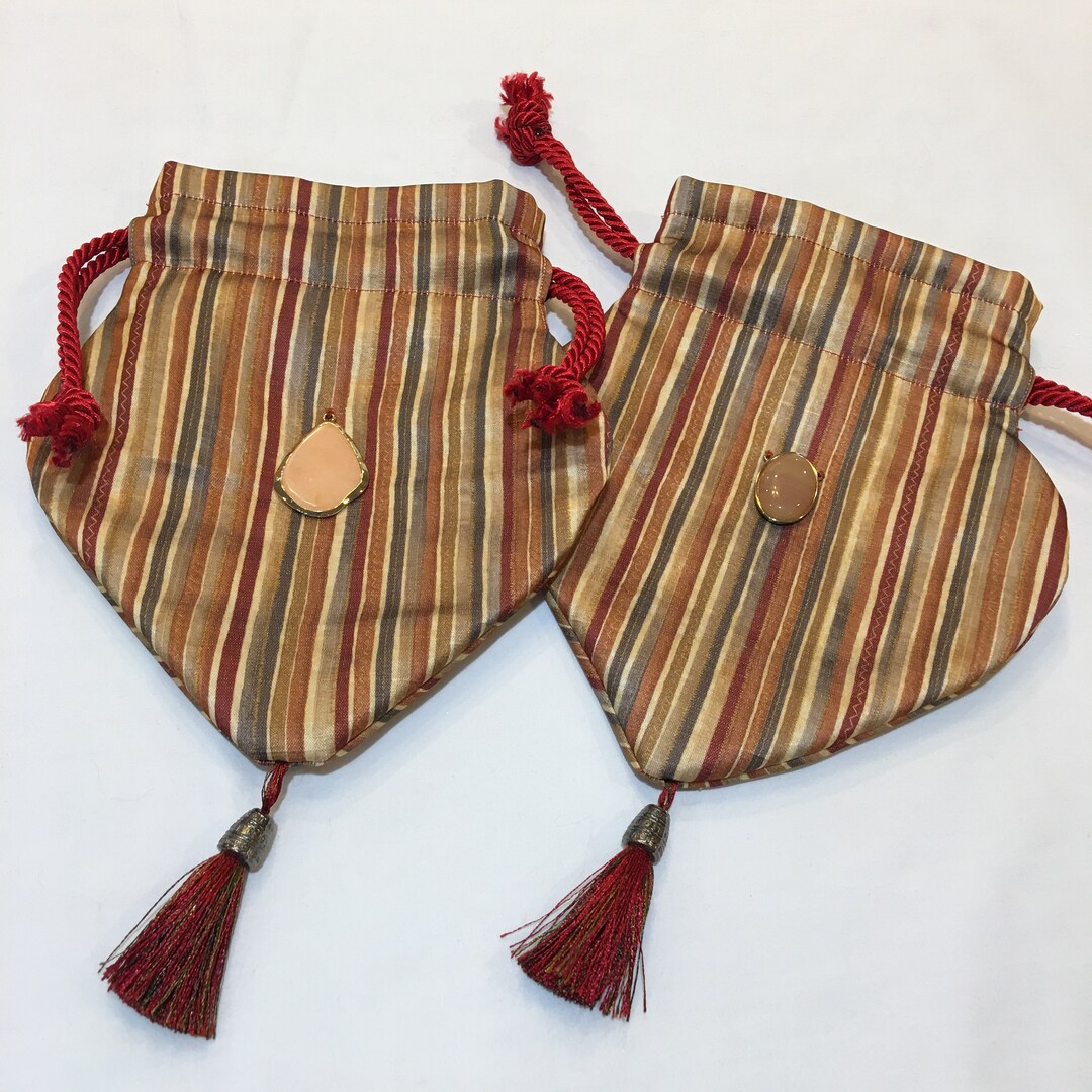 Handmade Polished Reticule Stripe Fabric In Fall Colors Red Cord