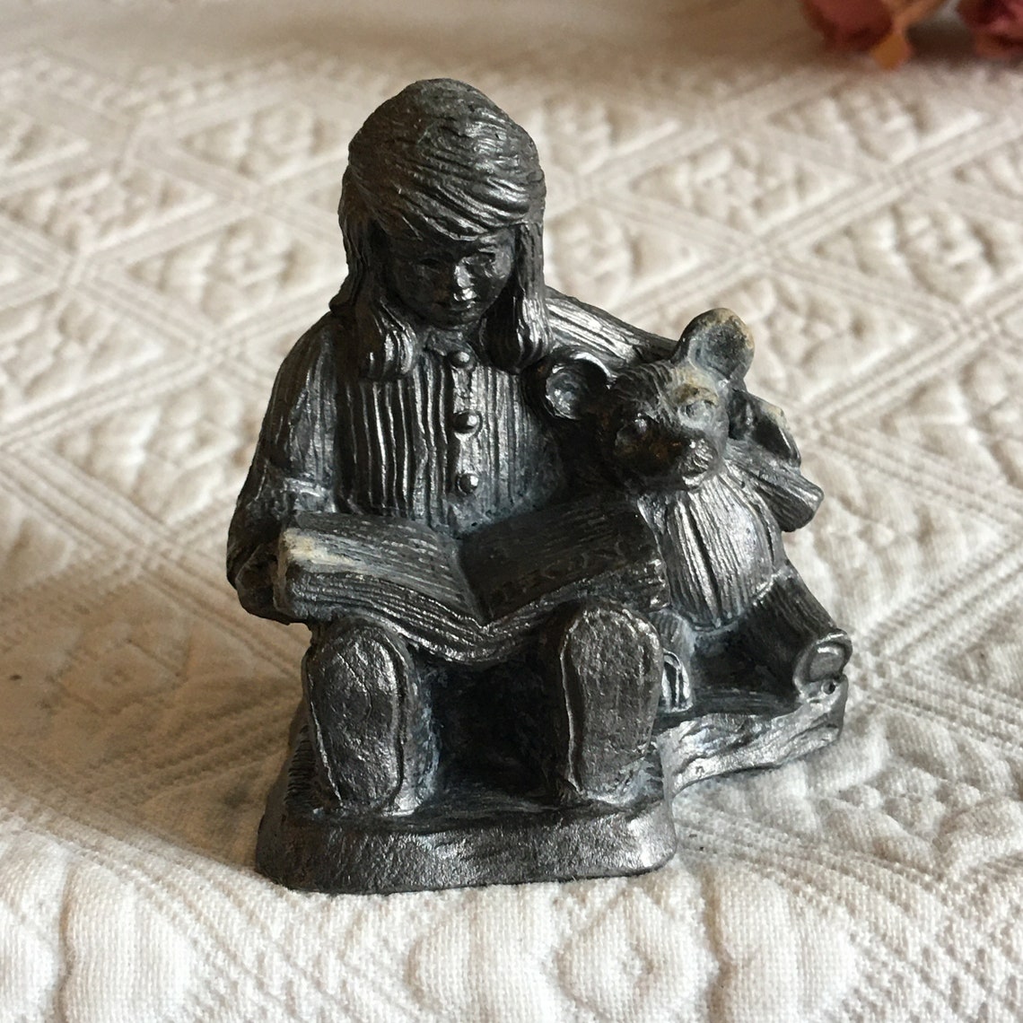 Vintage Pewter Figurine of Little Girl Sitting Reading a Book With Her ...