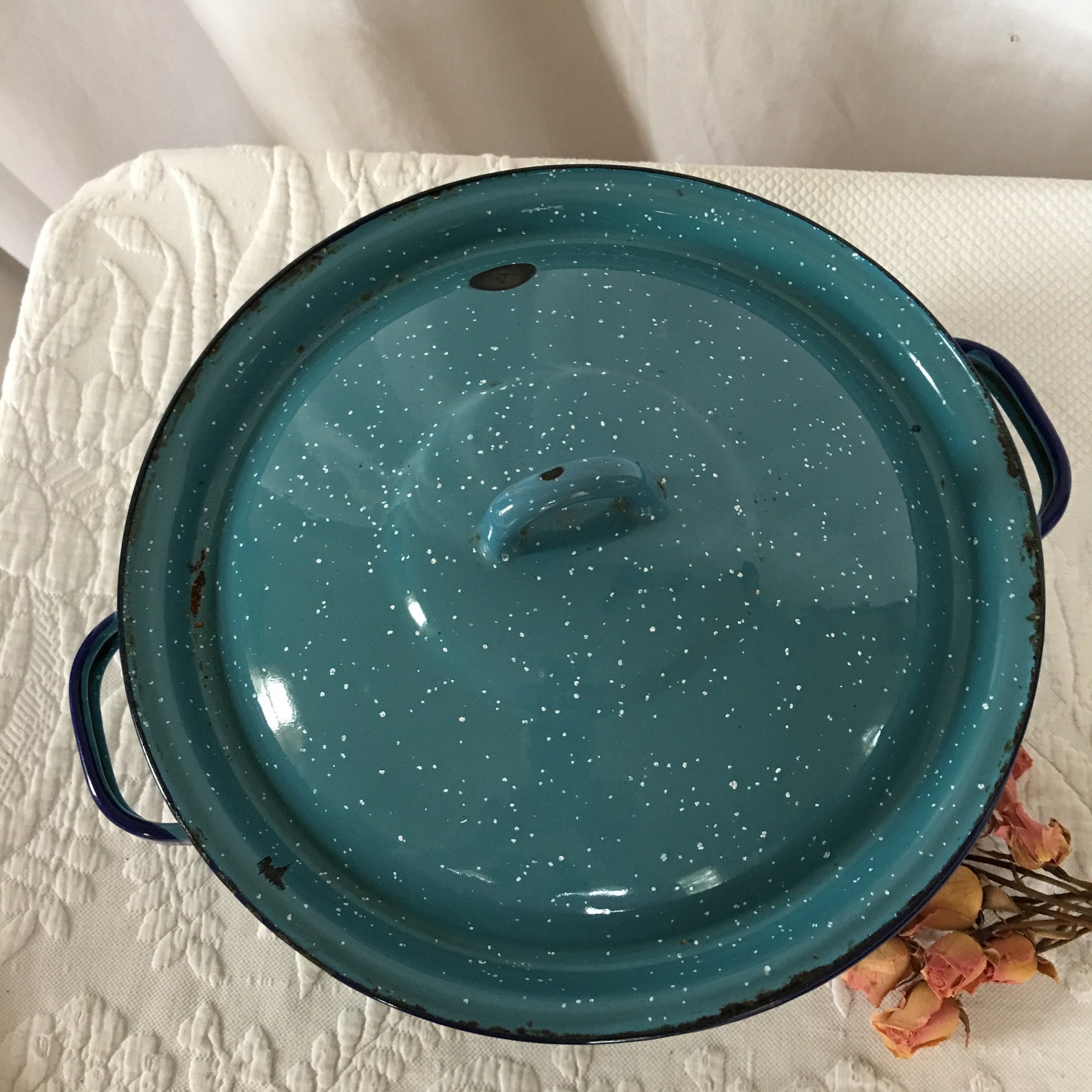 Vintage Light Blue Enamelware Pot With Two Side Handles and Lid With ...