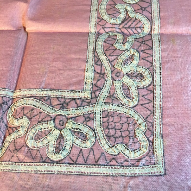 Victorian Battenberg Base Design Fabric With Tape Lace Basted to Pink ...