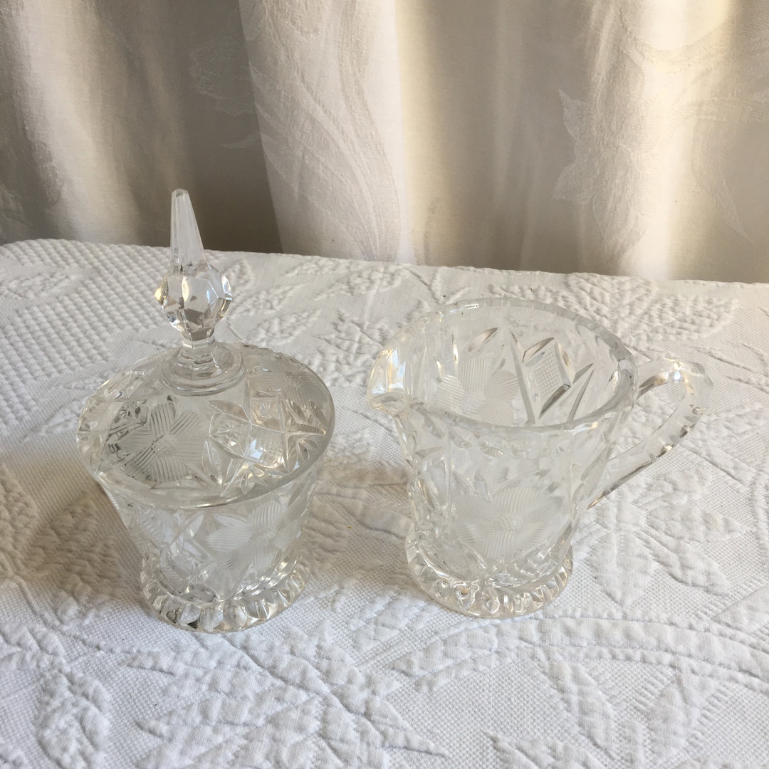 Vintage Cut Glass Crystal Cream Pitcher and Sugar Bowl With Tall ...