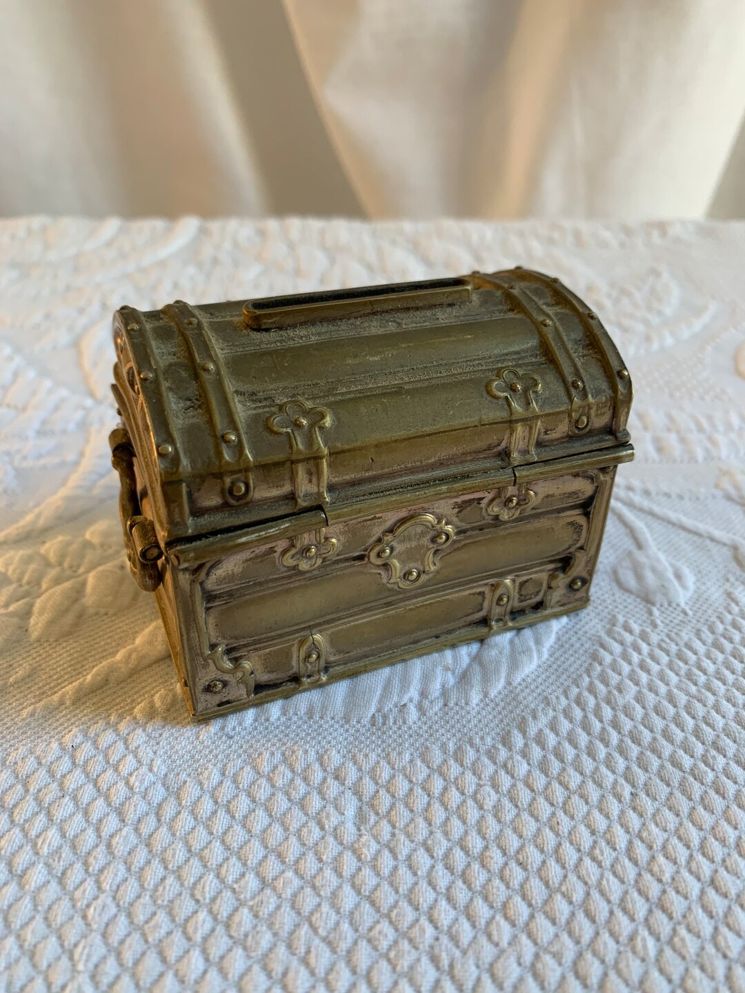 Vintage Gold Tone Silver Plate Trunk Bank With Swing End Handles.lock ...