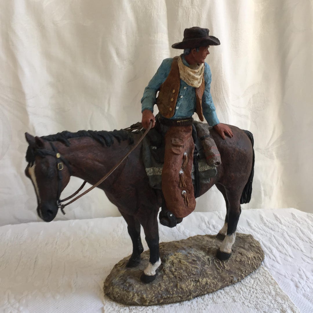 Vintage Large Cowboy Sitting on a Horse Figurine on Rock Look Base ...