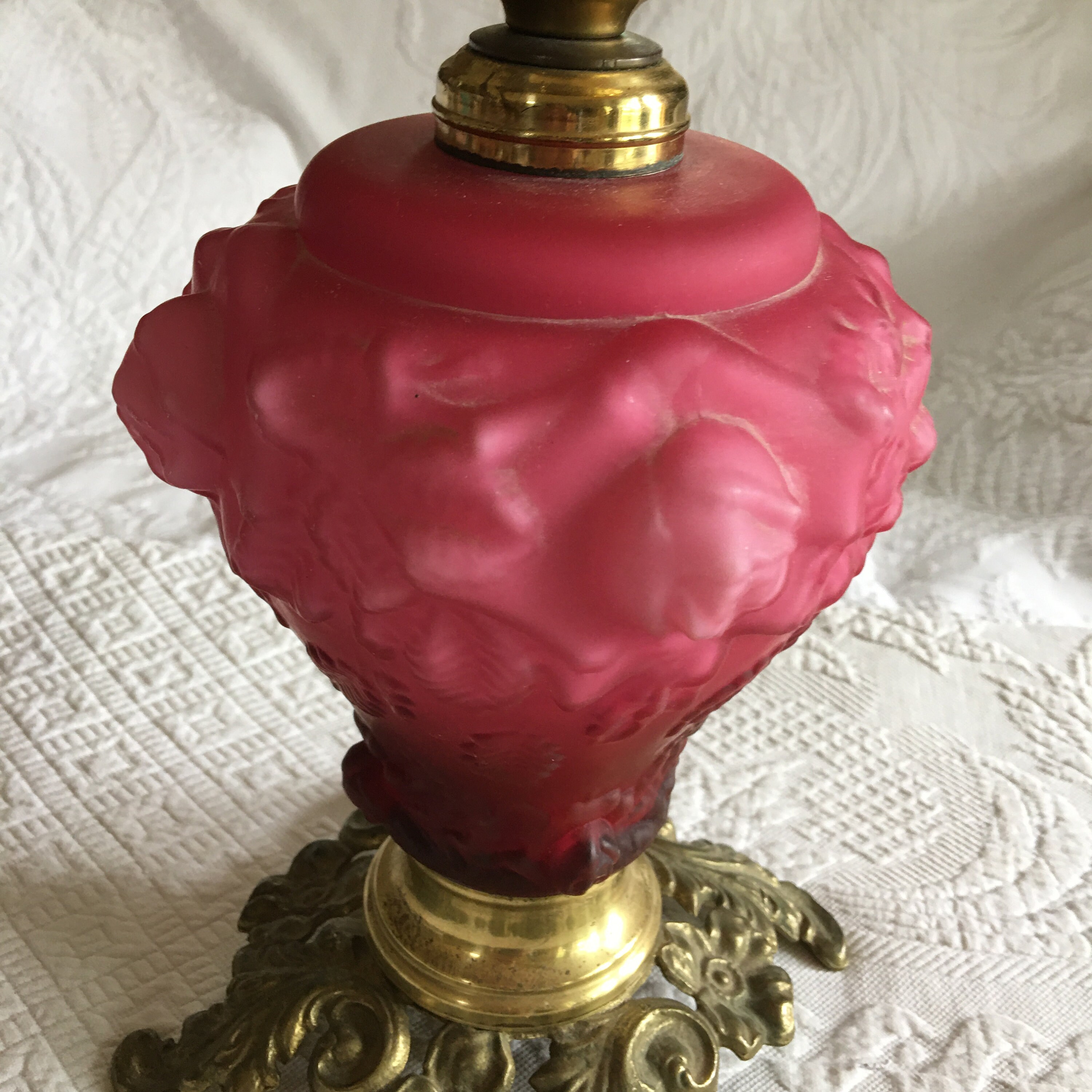 Antique Glass Victorian Rose Lamp W/ Hurricane Shade. Dark Pink Molded ...