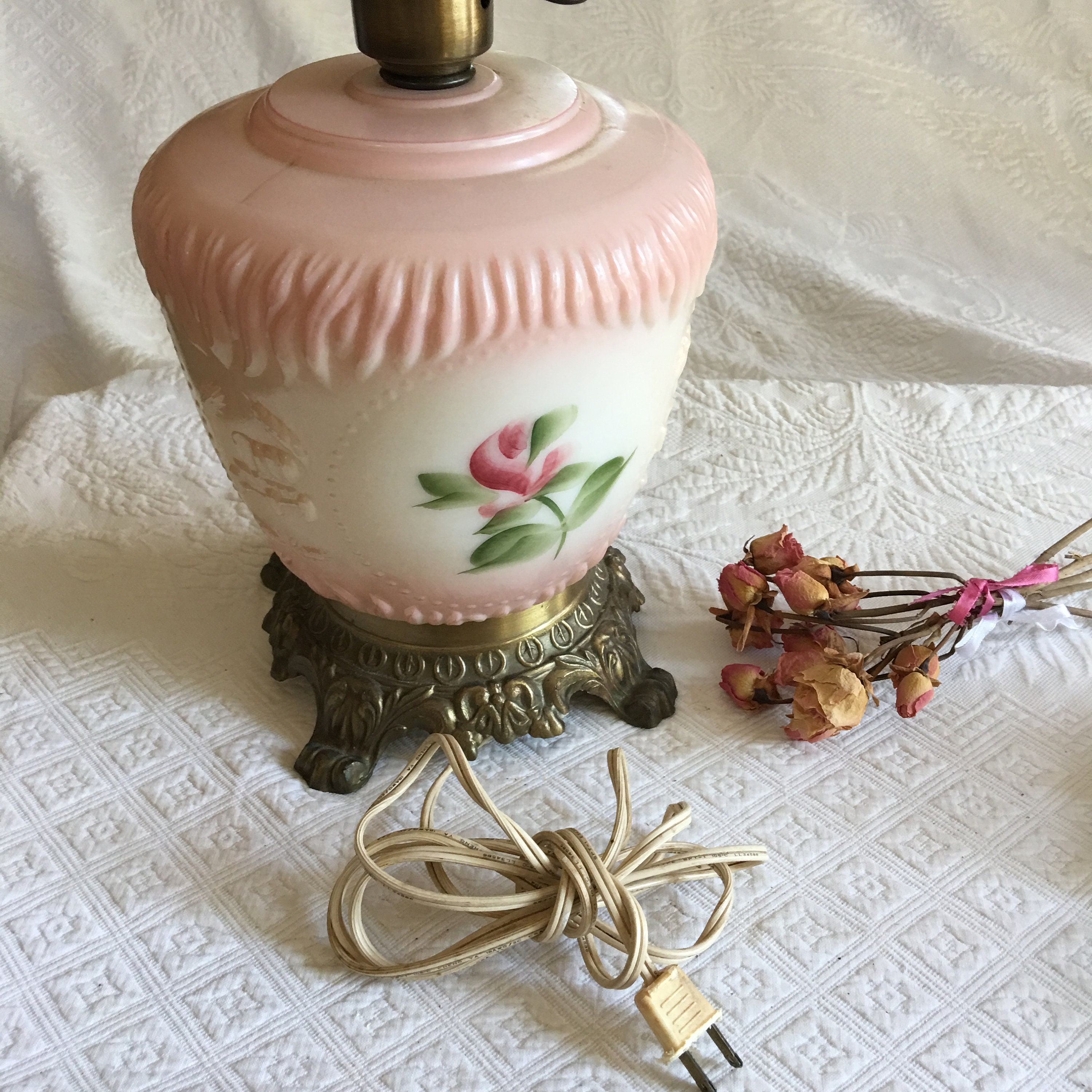Antique Glass Victorian Lamp With Hurricane Shade. Gold Ornate Metal ...