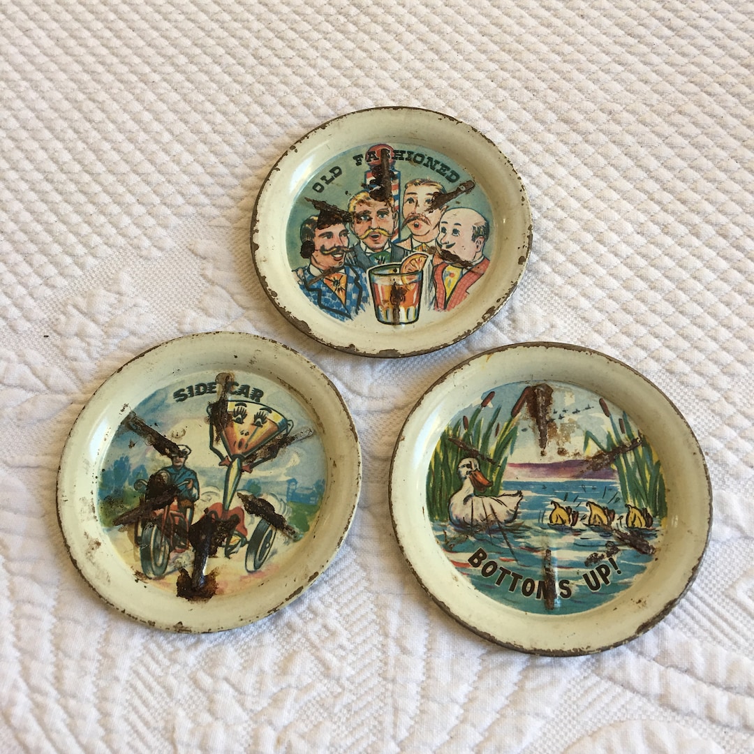 Vintage 3 Rare 1940s Metal Coasters. Mixed Drink Designs: Bottoms Up ...