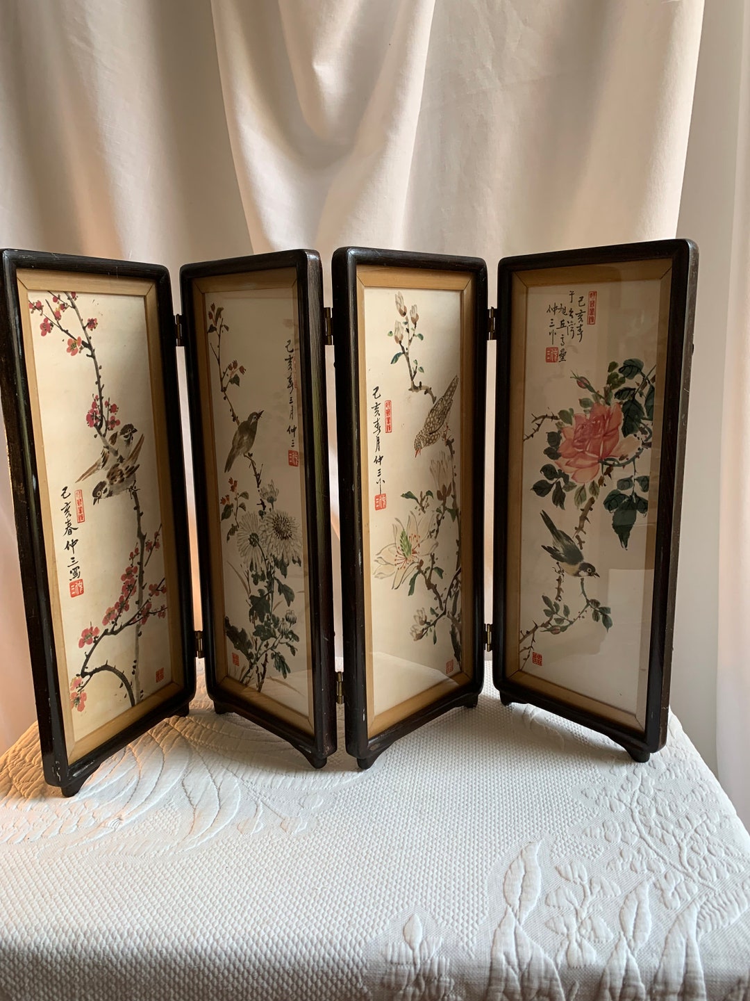 Vintage Chinese Hand Painted Watercolor Screen. Wooden Frame, Mat and ...